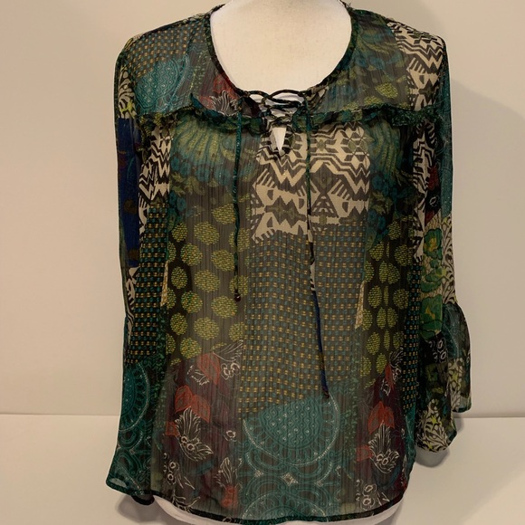 Desigual | Tops | Desigual Patchwork Bell Sleeve Sheer Top M | Poshmark